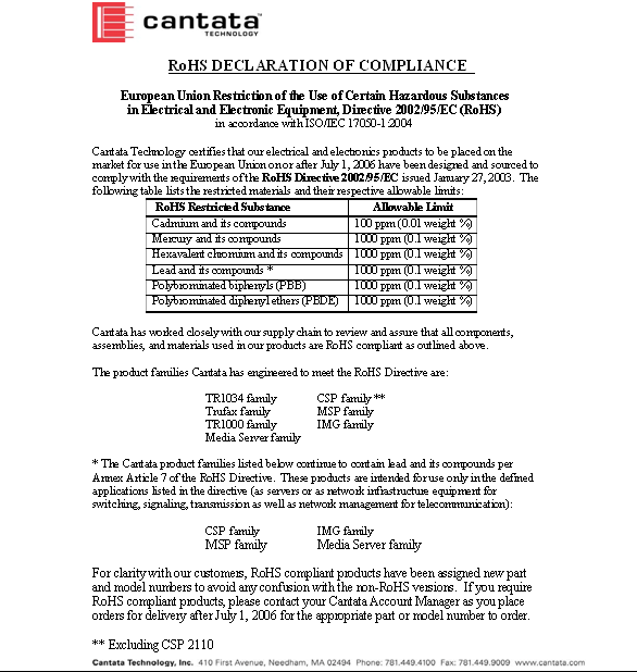 RoHS Declaration of Compliance